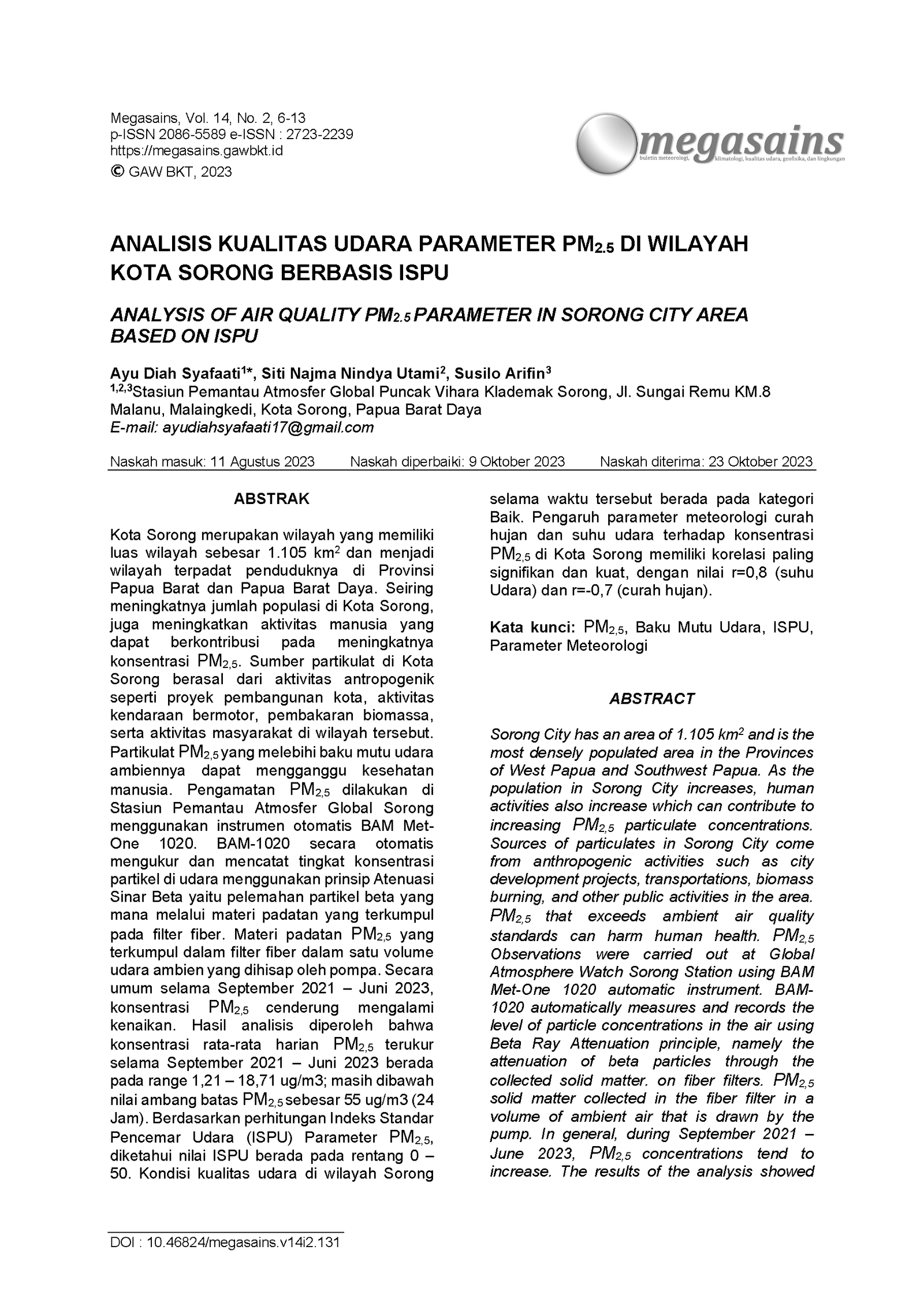 ANALYSIS OF AIR QUALITY PM2.5 PARAMETER IN SORONG CITY AREA BASED ON ...
